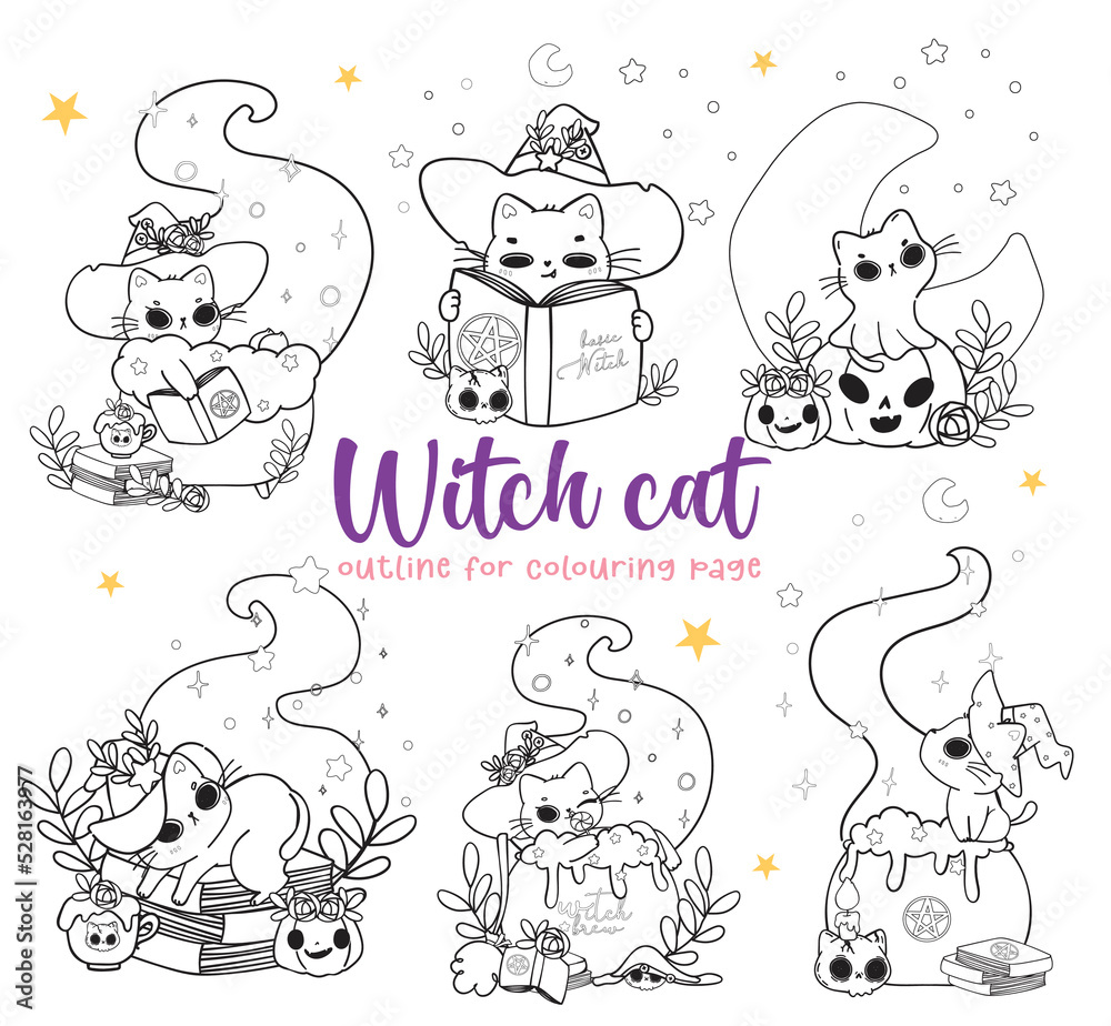 cute Halloween magic witch cat cartoon outline doodle set vector for ...