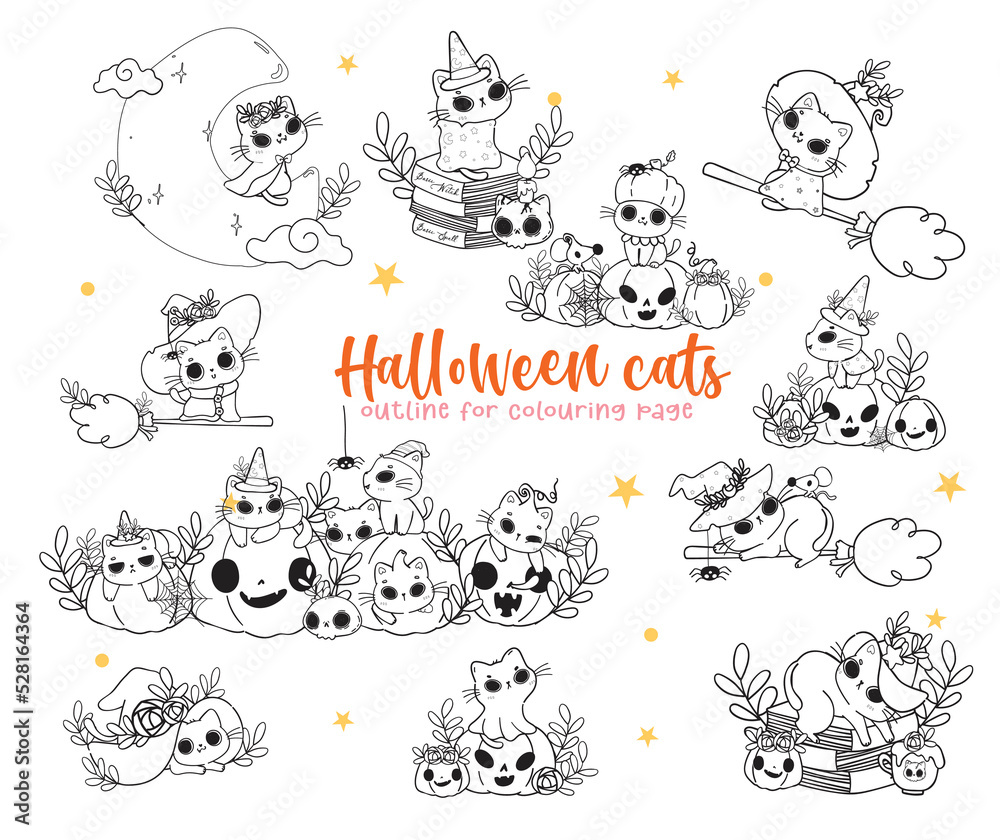 cute Halloween magic cat costume set cartoon outline doodle set vector ...