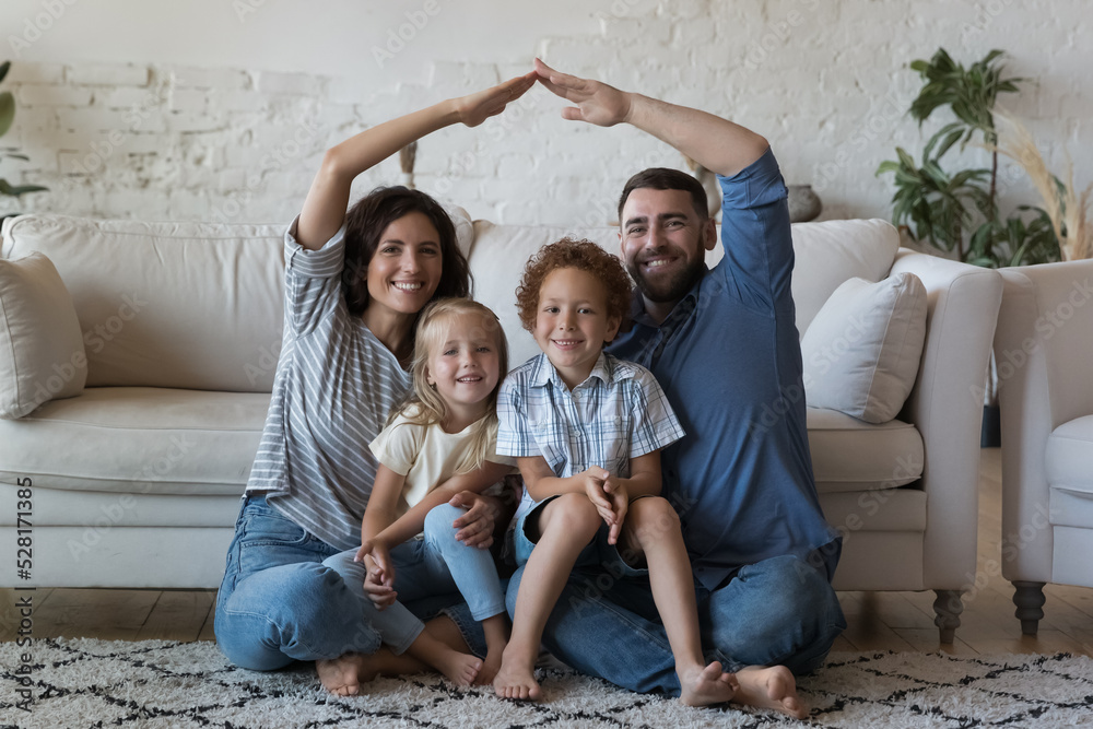 Happy well-being homeowners, first house buyers family portrait concept ...
