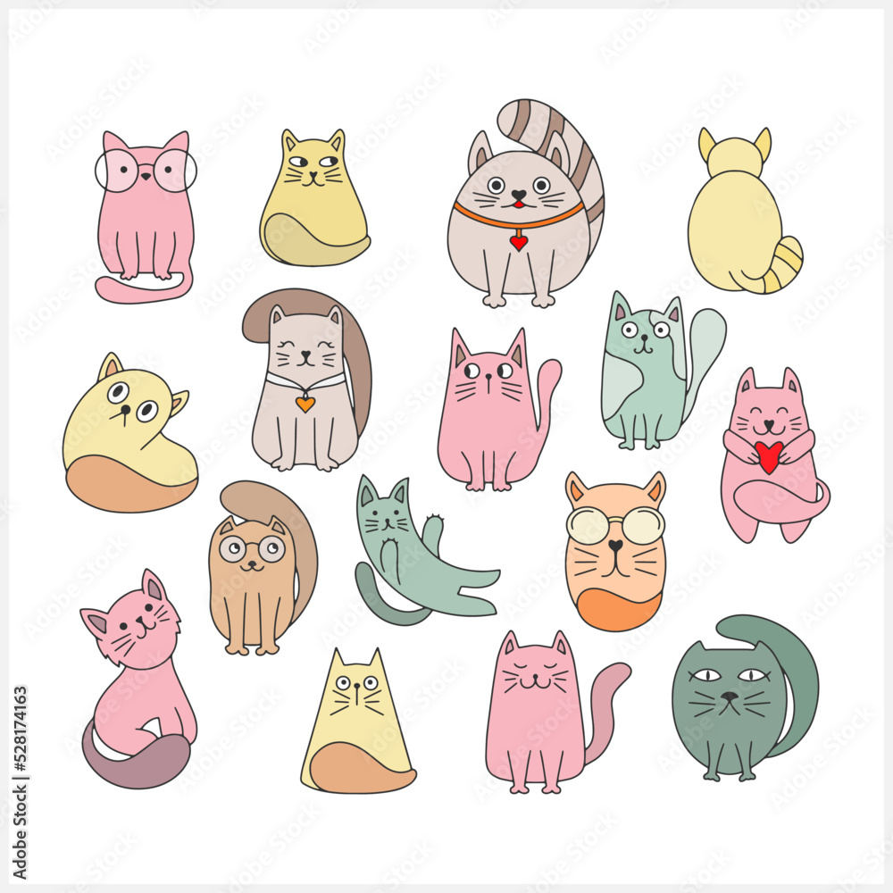 Doodle cat set clip art isolated. Hand drawn art line. Sketch animal ...