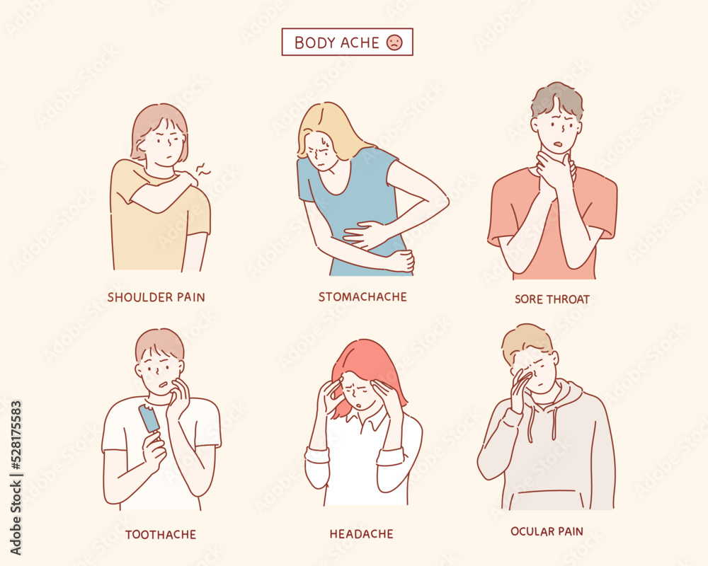 Characters Showing Various Pain Types. Hand drawn style vector design ...