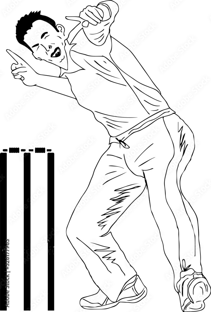 Outline sketch drawing of Cricket bowler doing celebration after taking ...