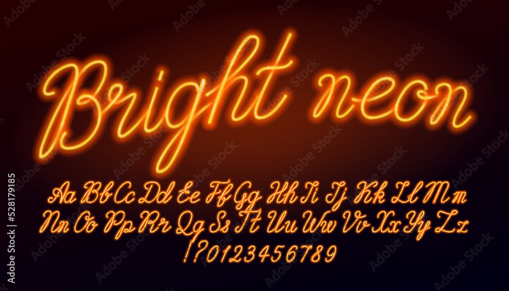 Bright Neon alphabet font. Orange neon letters and numbers. Uppercase ...