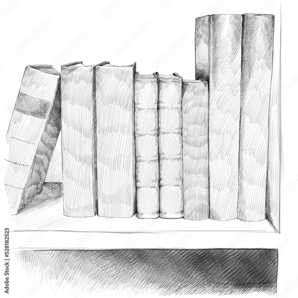 Charcoal drawing of old books standing in the library Stock ...