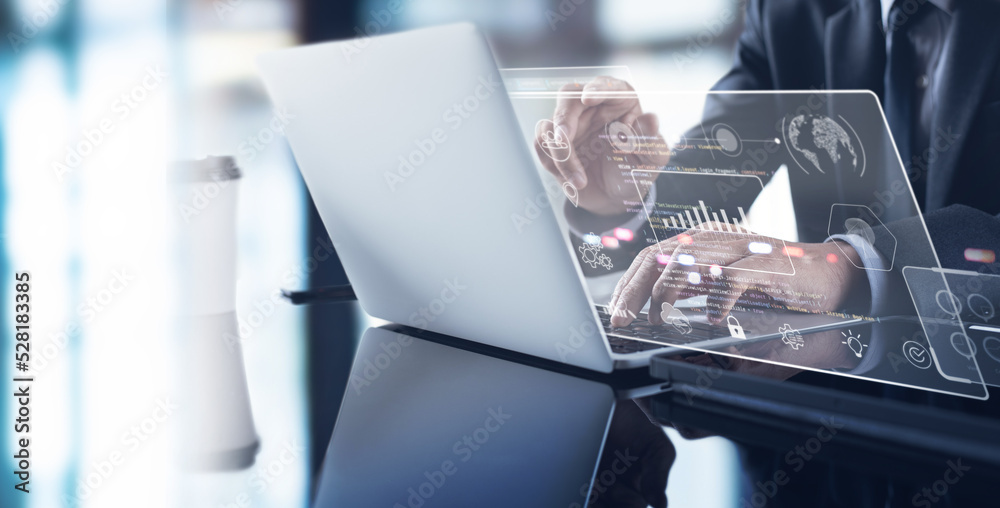 Data science. Man programmer using laptop analyzing, develop on ...