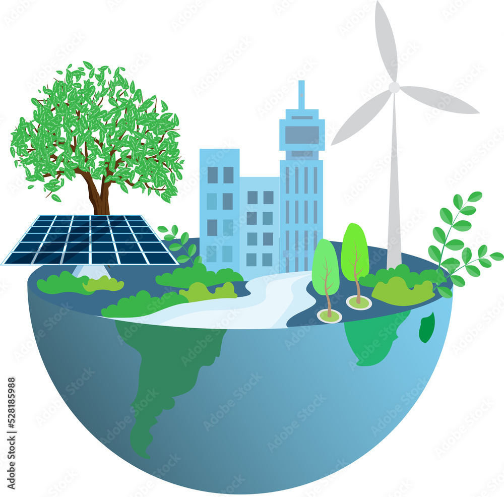 World with solar panel and wind turbine. Sustainable environment ...