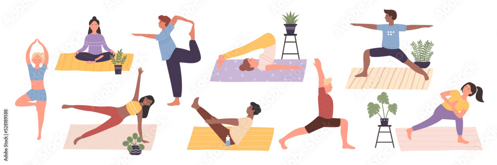 People stretch body in yoga poses set vector illustration. Cartoon ...