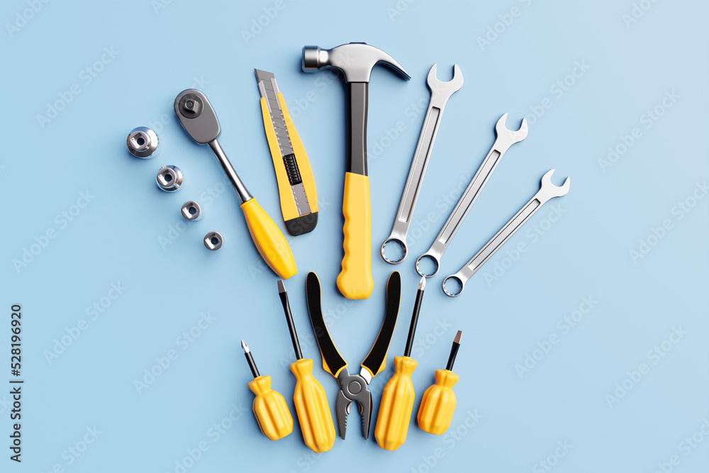 3D illustration of a metal hammer, screwdrivers, pliers, level, tape ...