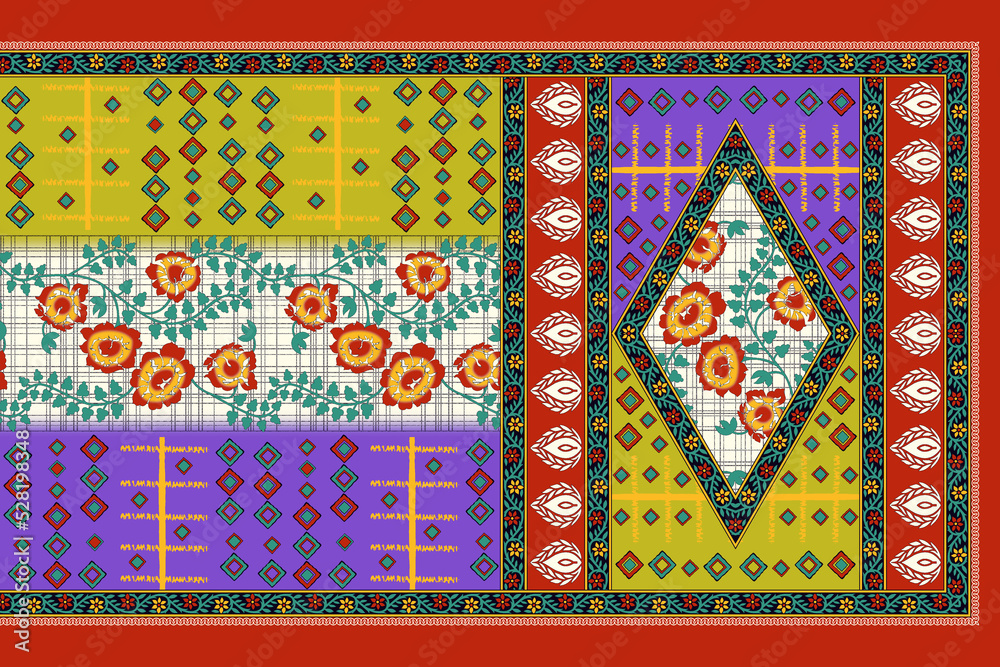 Abstract border pattern geometrical textile saree in colorful ...