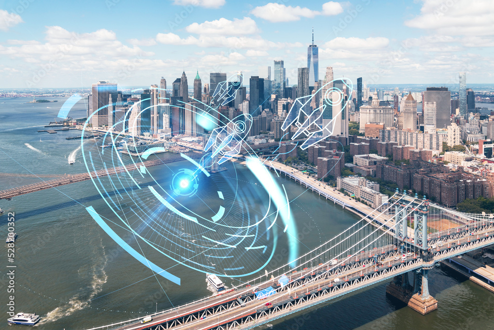 Aerial panoramic city view of Lower Manhattan. Brooklyn and Manhattan ...