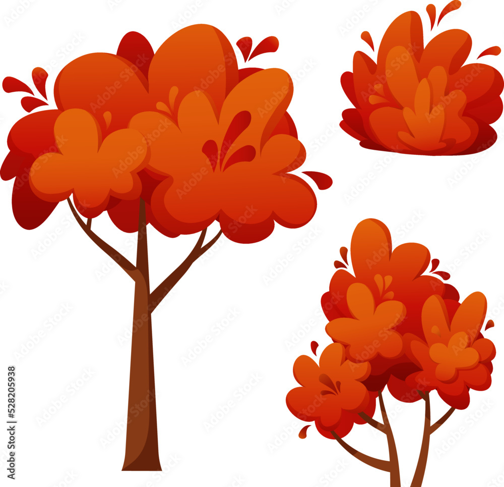 Autumn tree and bushes in cartoon style, bright orange tree and bushes ...