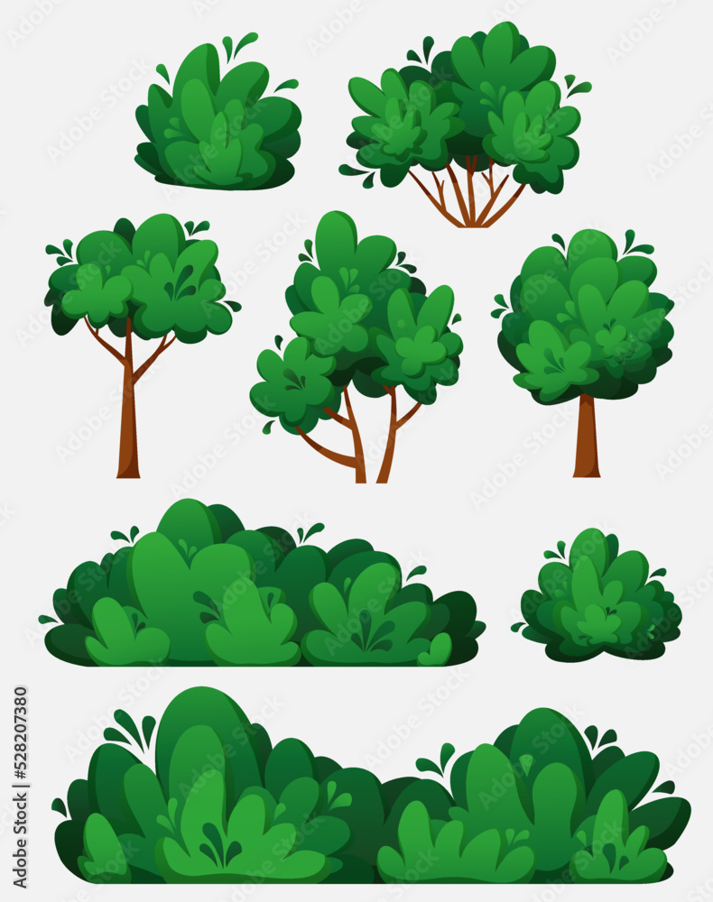 Set of bushes and trees in cartoon style. Small, medium and large ...