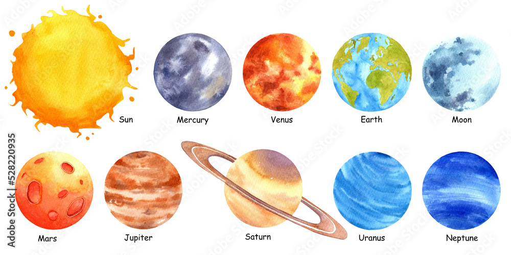 Watercolor planets of the solar system. Outer Space planet Mercury ...