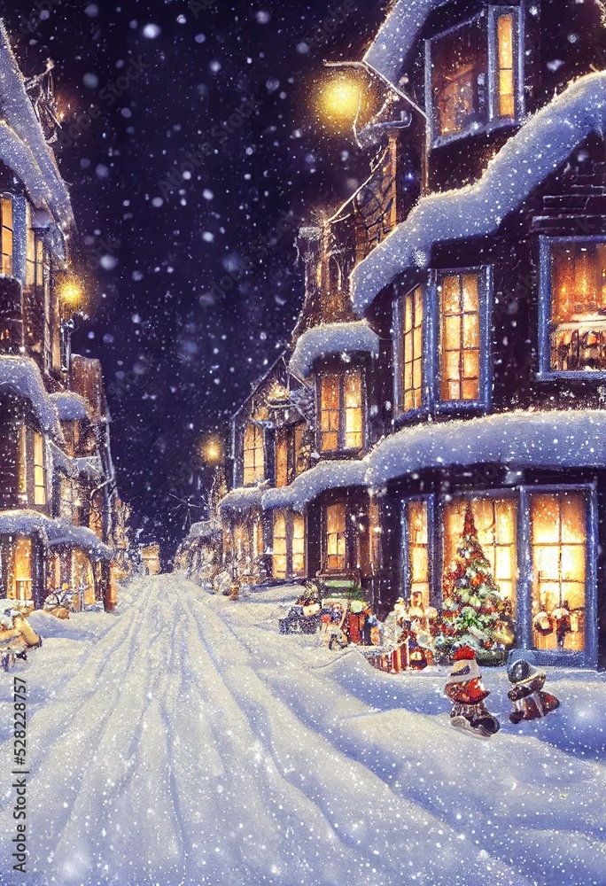 Winter snowy small cozy street with lights in houses, falling snow ...
