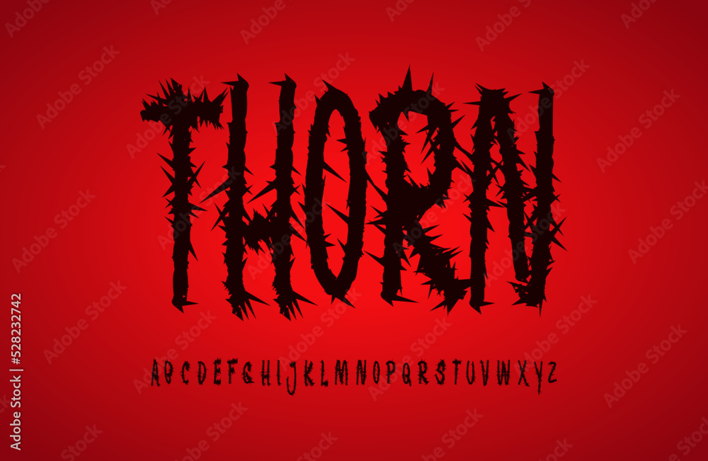 Thorn alphabet. Black ominous letters with thorns like prickly briar ...