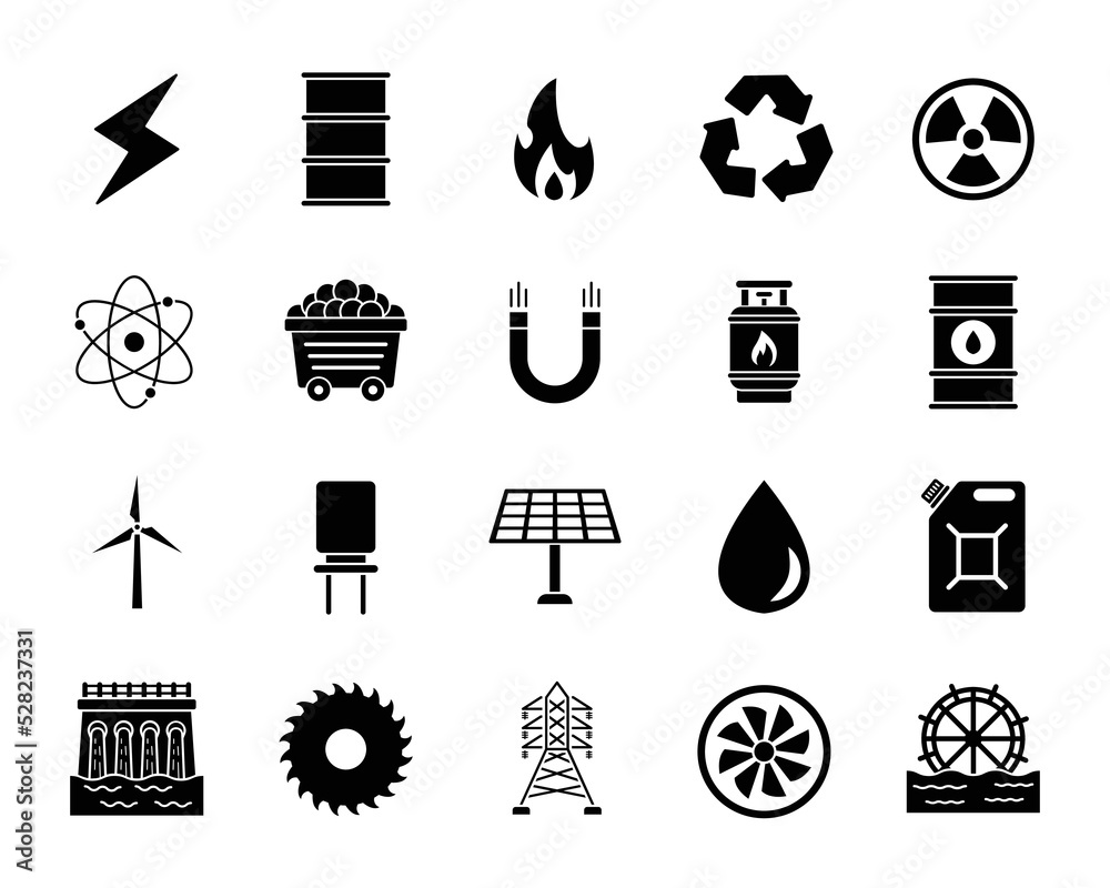 Energy black icon set. Solar panel, windmill, oil, gas, nuclear vector ...