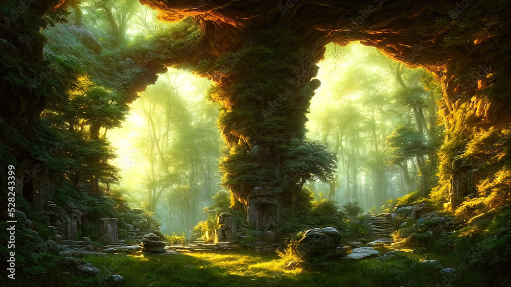 Fantasy forest landscape with stone ruins and bizarre vegetation at a ...