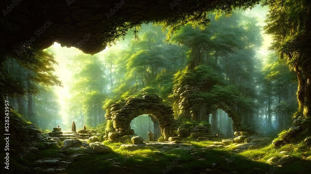 Fantasy forest landscape with stone ruins and bizarre vegetation at a ...