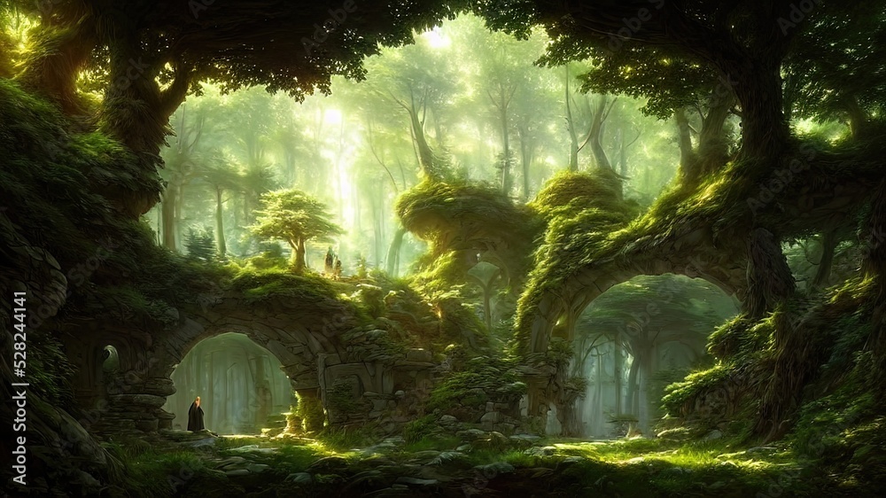 Fantasy forest landscape with stone ruins and bizarre vegetation at a ...