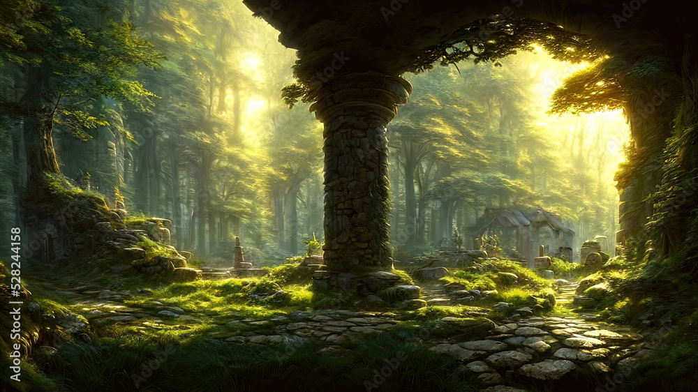Fantasy forest landscape with stone ruins and bizarre vegetation at a ...