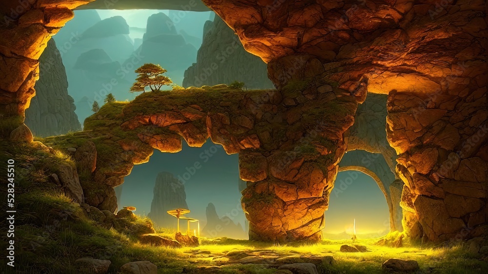 Fantasy landscape with stone ruins at a beautiful sunset. Ancient stone ...
