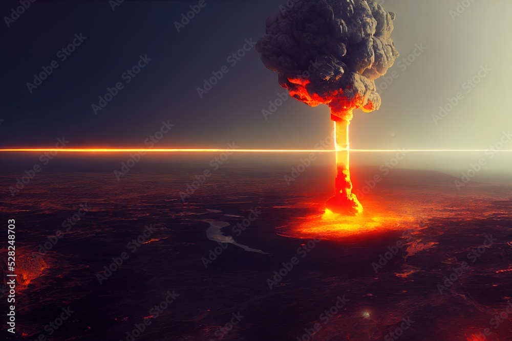 Huge nuclear explosion. 3D render of a bomb with a mushroom cloud ...