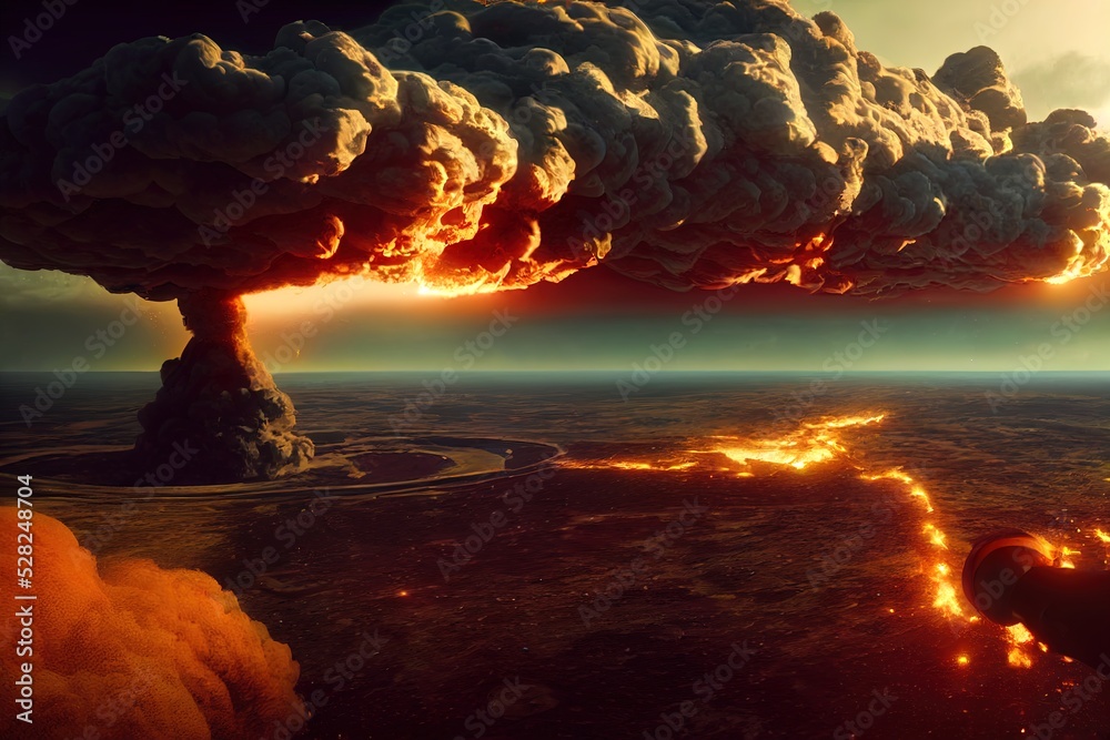 Huge nuclear explosion. 3D render of a bomb with a mushroom cloud ...