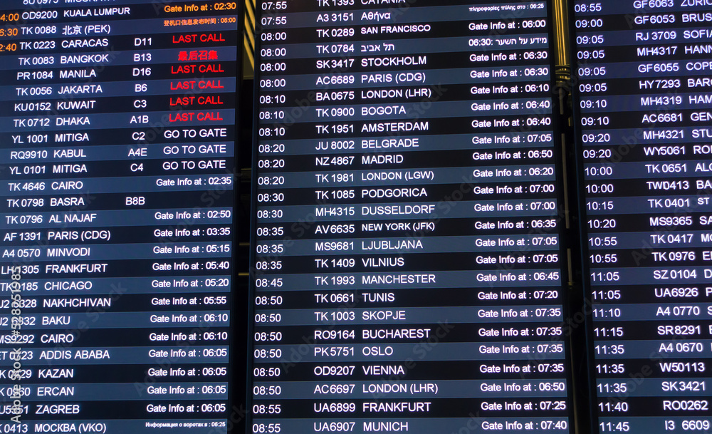 Big display in international airport with names of flights and cities ...
