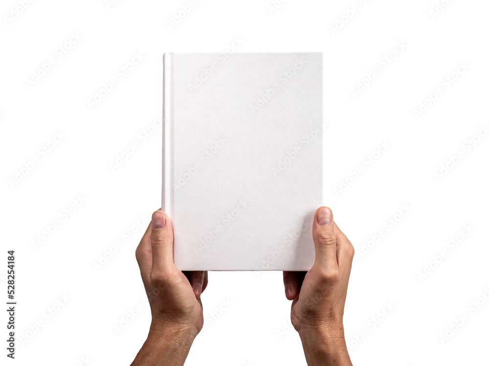Poster Hands holding closed book mockup isolated on white background ...