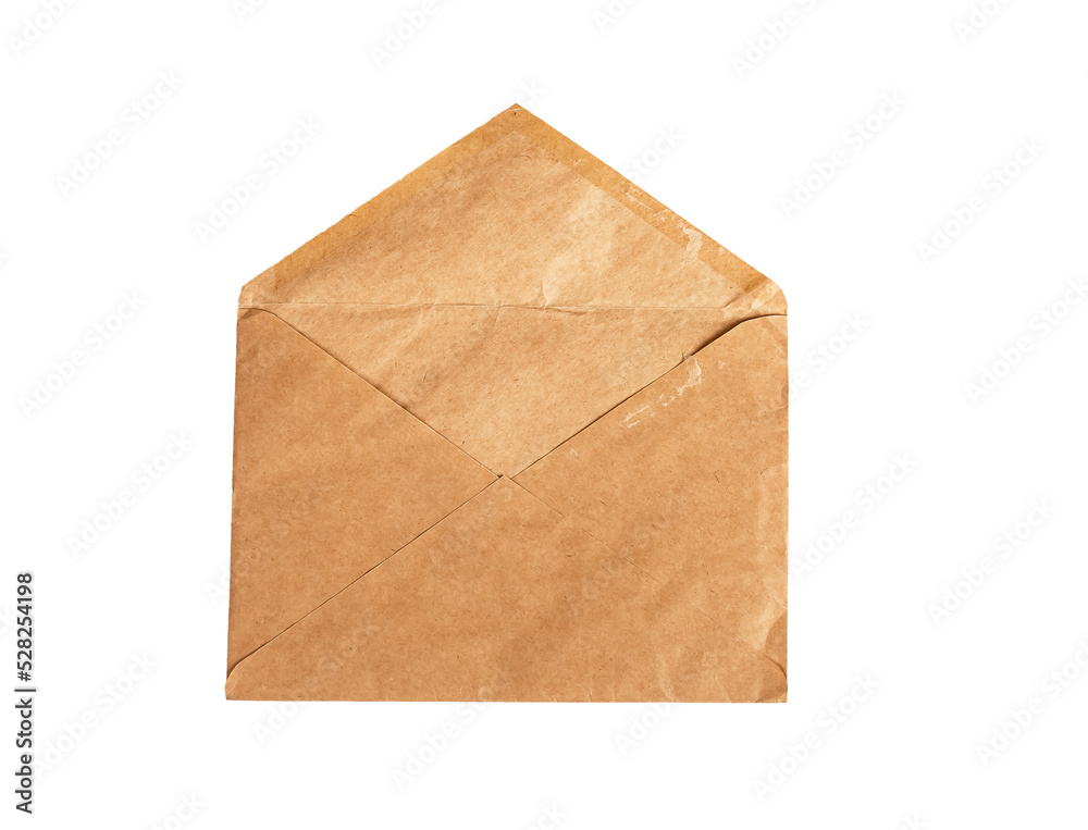 Open kraft paper envelope isolated on white background. Natural package ...
