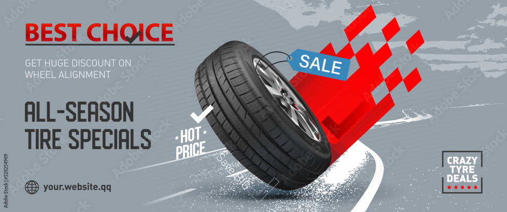 Tire advertisement horizontal billboard. Best choice. Car tire close up ...