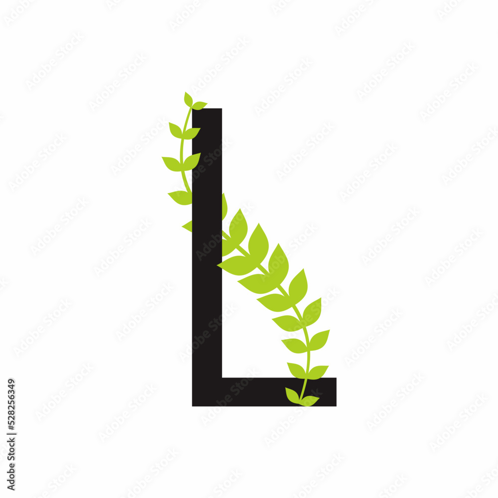 Green leaf stalk wrapped around a L shape letter for initial logo ...