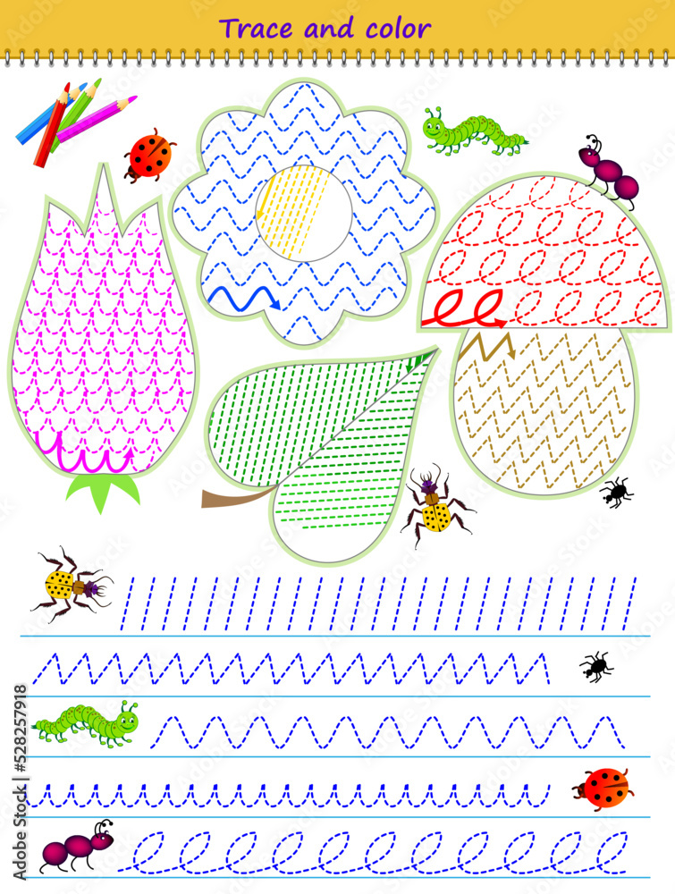 Educational page for little children. Trace and color. Draw the paths ...
