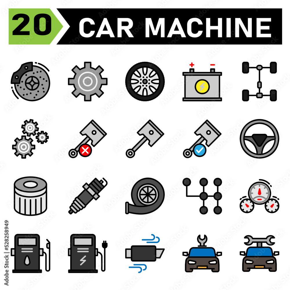 car machine icon set include brake, disc, brakes, automobile, service ...