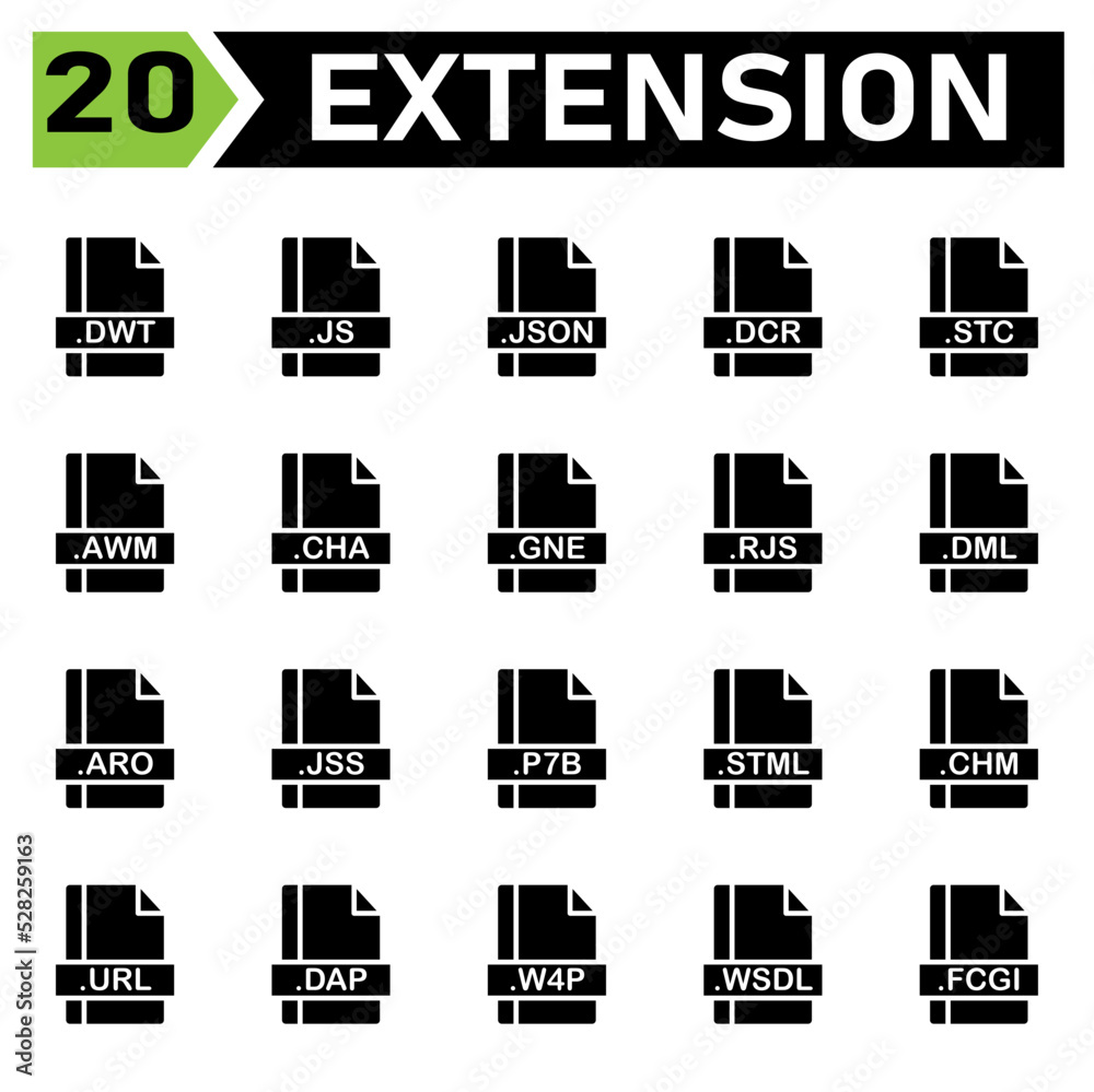 File extension icon set include dwt, js, json, dcr, stc, awm, cha, gne ...