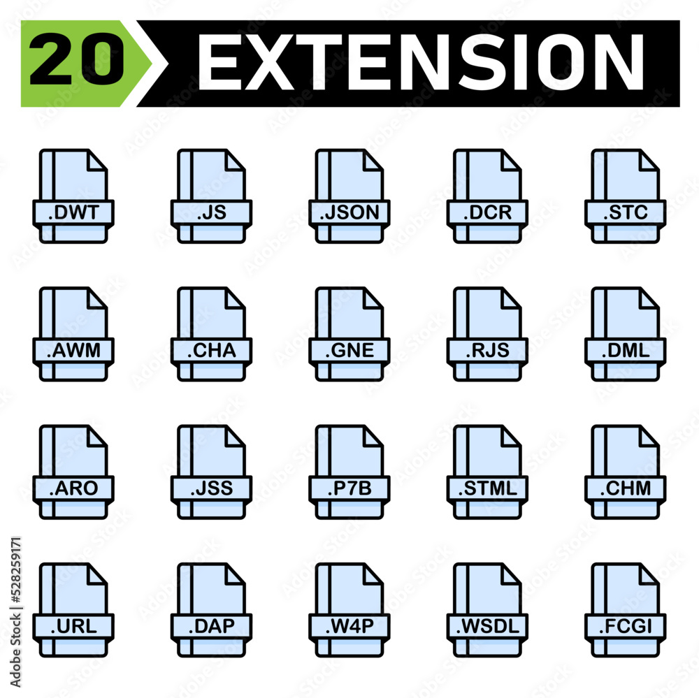 File extension icon set include dwt, js, json, dcr, stc, awm, cha, gne ...
