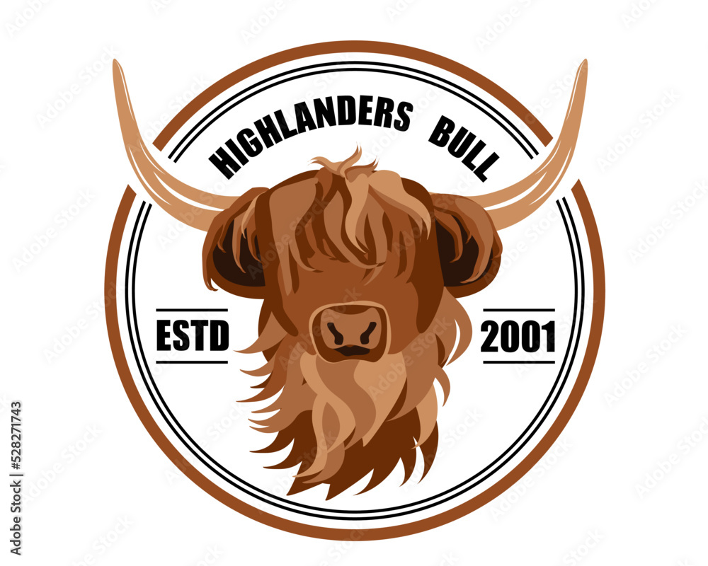Emblem of brown Highland cattle, cow. Cute head of Scottish cattle ...
