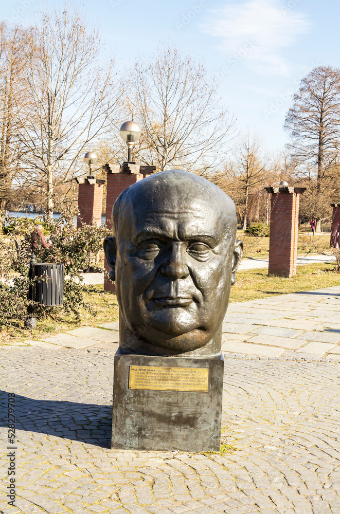 Bucharest, Romania - June, 2022. The Statue of Paul-Henri Spaak, he was ...