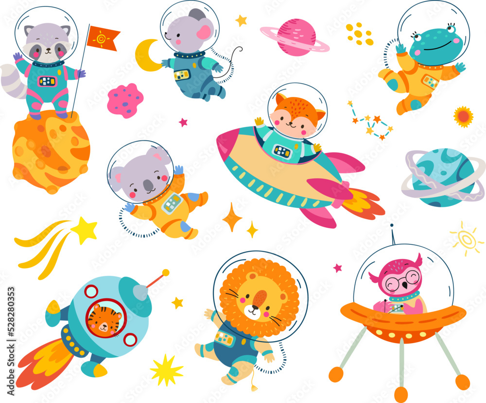 Space animals set in cosmonaut suit. Astronauts flying in rocket and in ...
