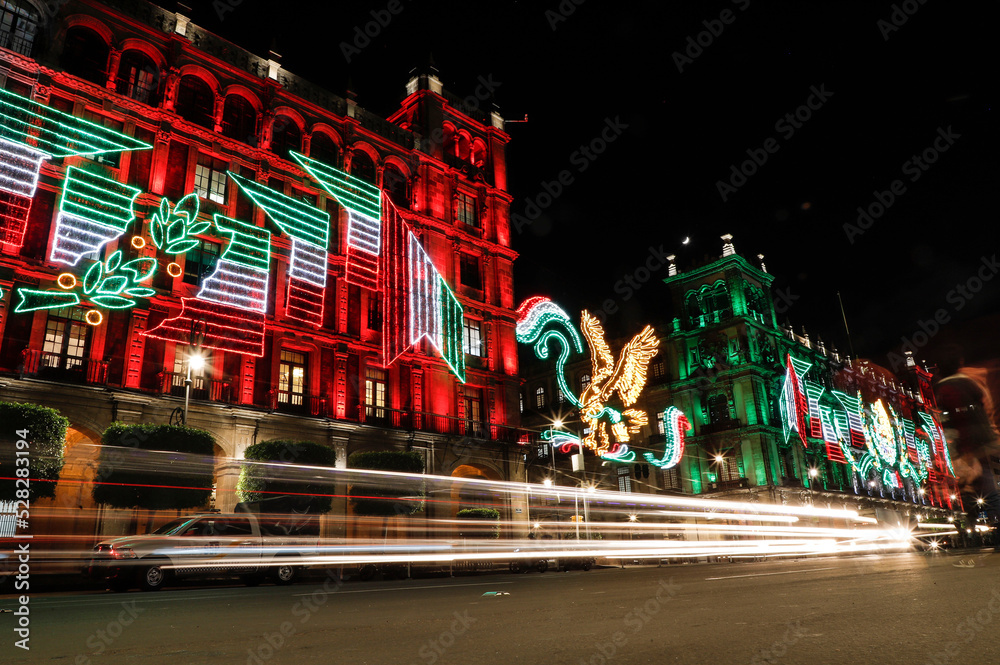 Mexico City, Mexico. September 02, 2019. Decorations of lights to ...
