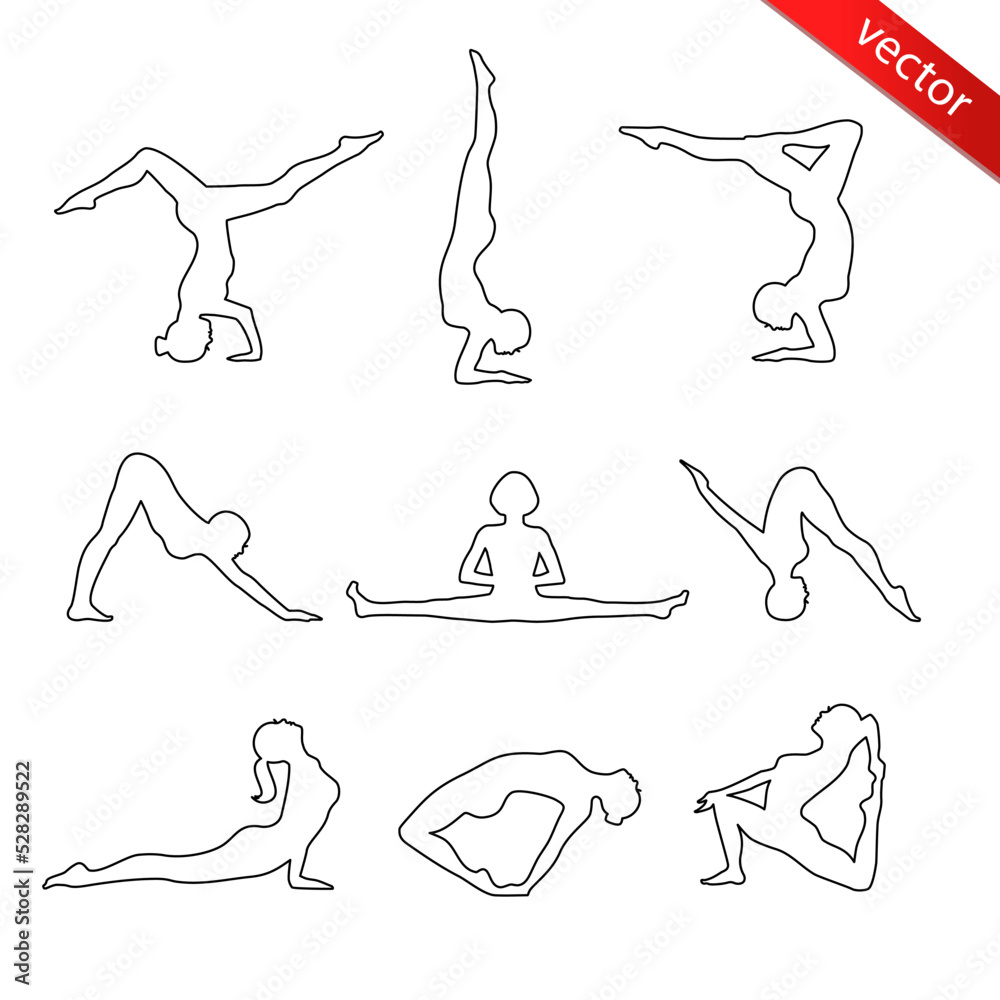 Vector collection of women in the yoga poses. Set of contour ...