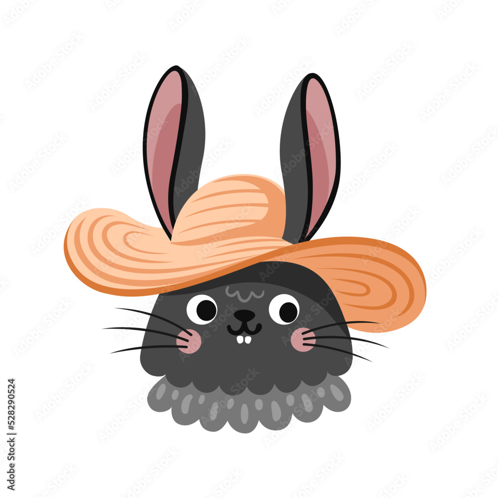 Black rabbit wearing straw hat. Cute little bunny cartoon character ...
