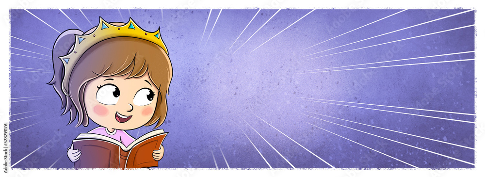 Little girl reading a book dressed as a princess with texture ...