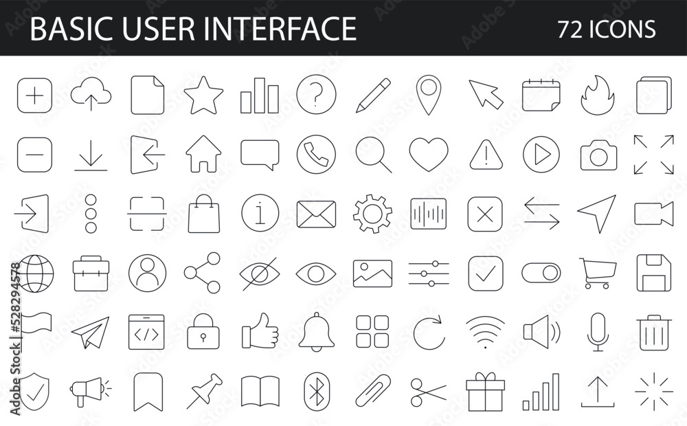 Set of 72 essentials basic general user interface icon. Modern outline ...