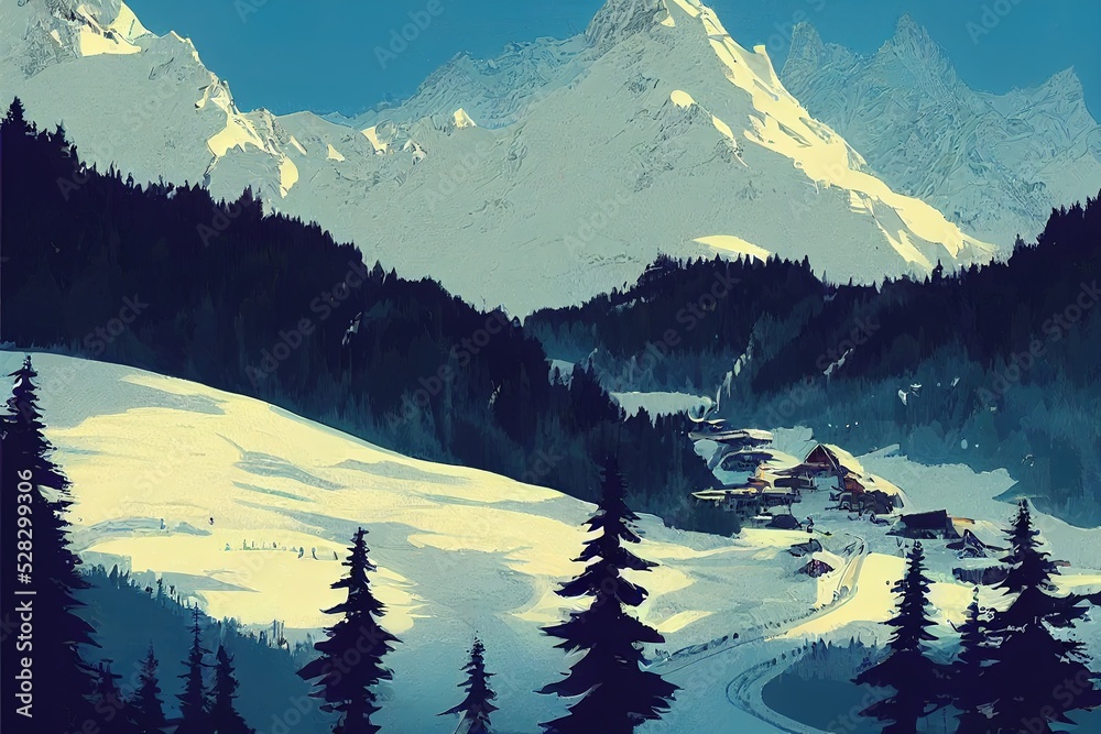 Winter ski resort. Alps, switzerland mountains with snow and trees ...