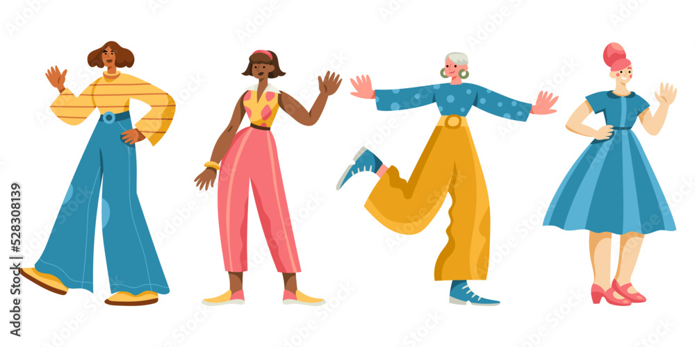 Diverse cheerful women in retro 1960s clothes walking, standing, waving ...