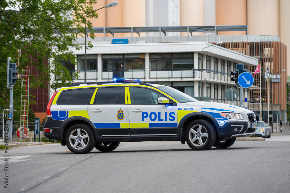 Malmö, Sweden - July 09 2022: Swedish Volvo police car blocking a road ...