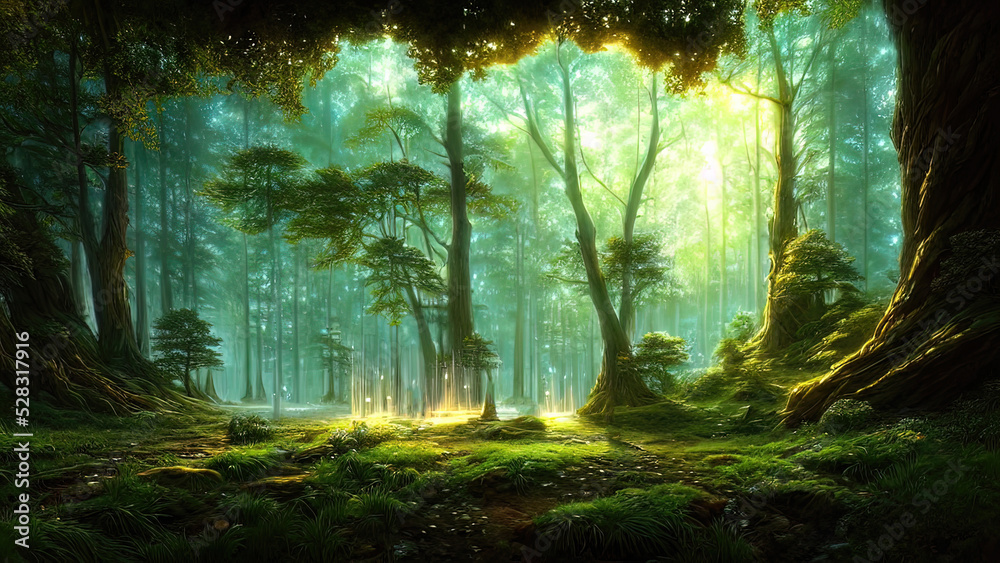 Dense dark fantasy forest, with big trees, green, sunset light. The ...