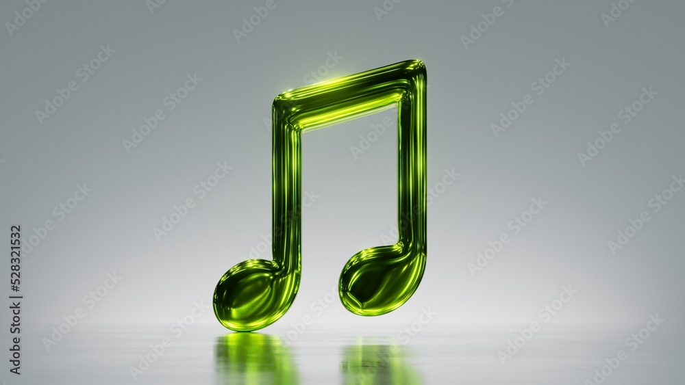 3d rendering. Metallic green notes, musical symbol, audio sign, music ...