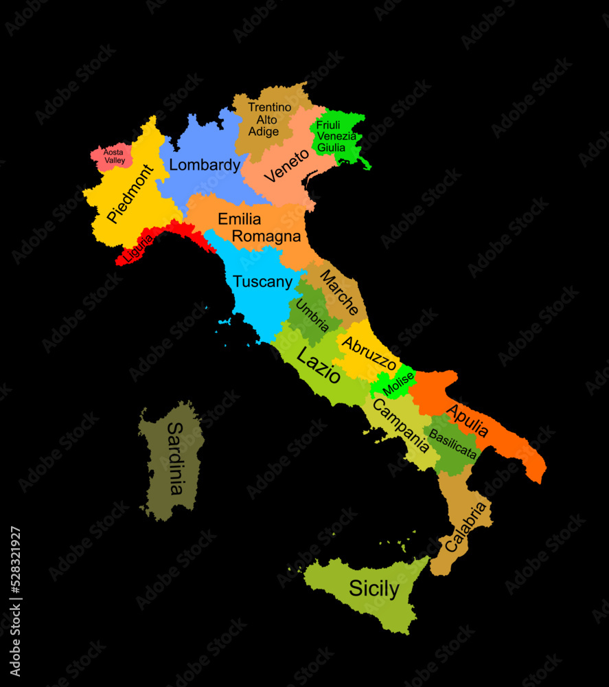 Colorful map of Italy vector silhouette illustration isolated on black ...